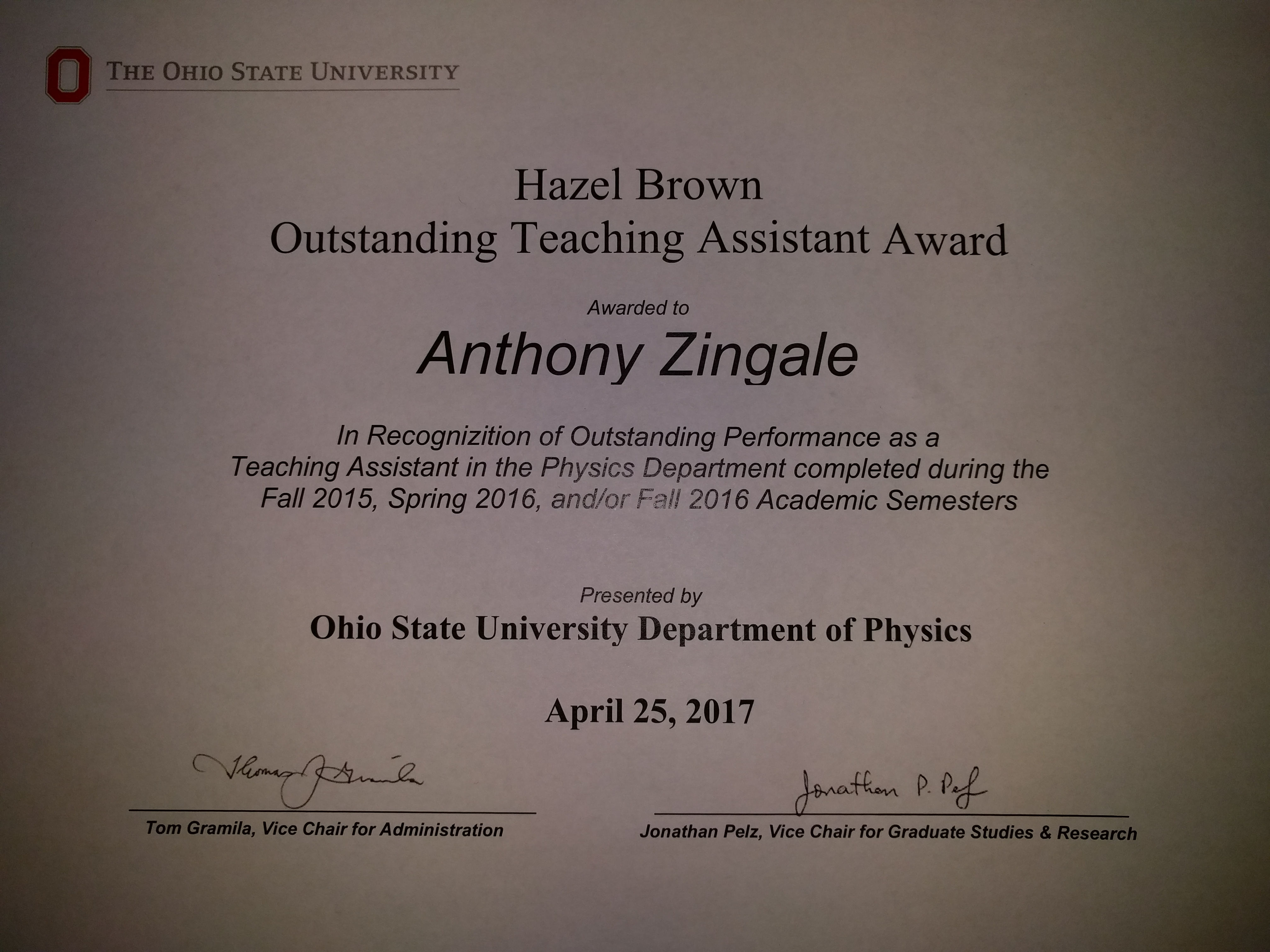Anthony Zingale wins Teaching Assistant Award | High Energy Density ...